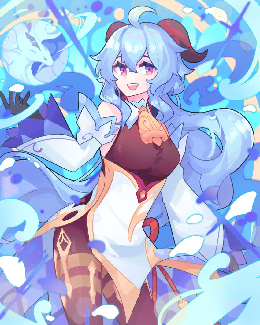 Safebooru - 1girl ahoge bangs bare shoulders bell blue hair blush breasts detached sleeves ...