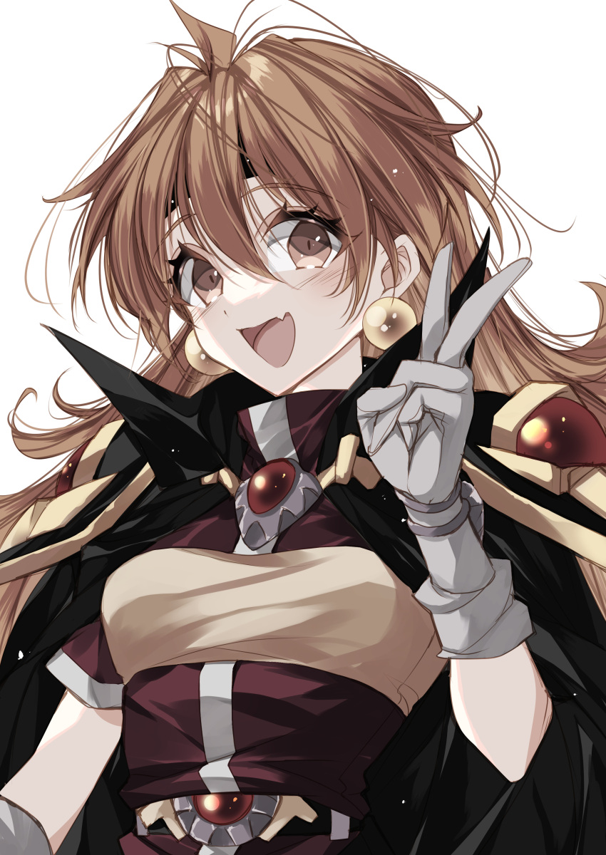Safebooru - 1girl absurdres brown eyes brown hair earrings fang gloves ...