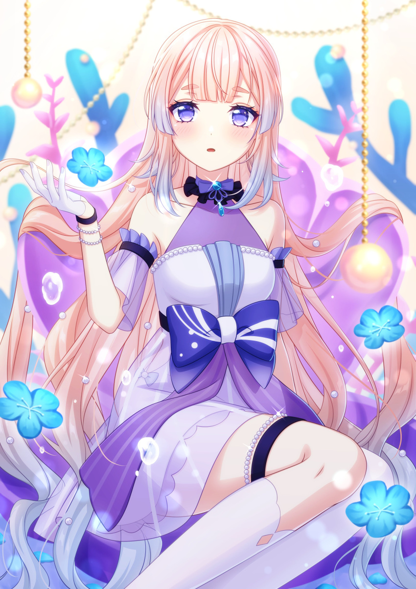 Safebooru - 1girl absurdres bare shoulders beads bow bowtie breasts dress genshin impact gloves ...