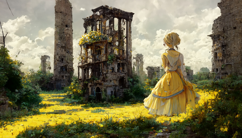 Safebooru - 1girl ai-generated blonde hair clouds dress facing away grey sky highres kagamine ...
