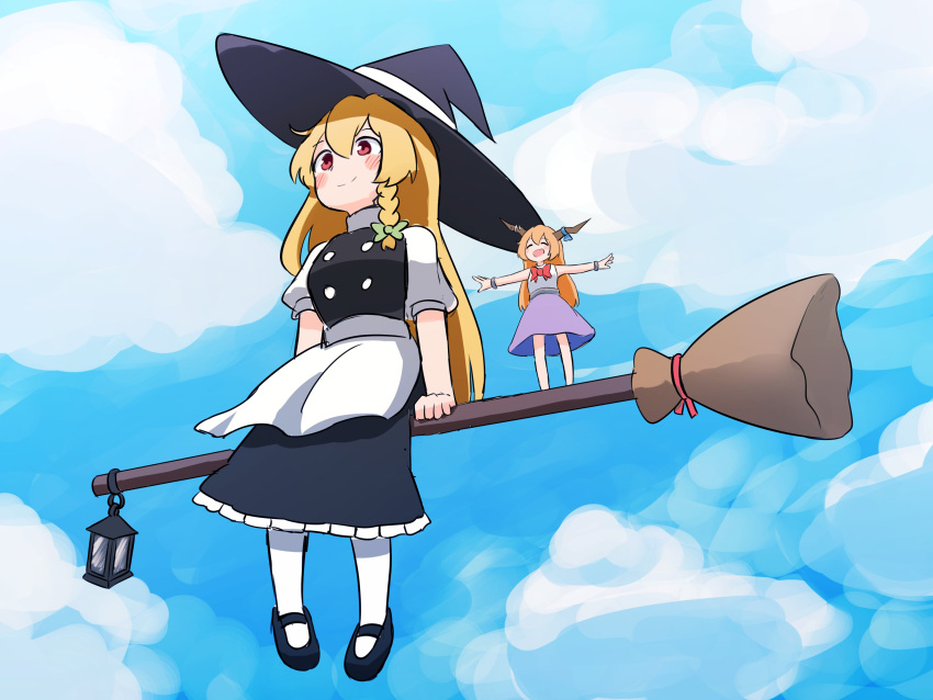 Safebooru - 2girls absurdres blonde hair blue sky braid broom broom riding clouds cloudy sky day ...