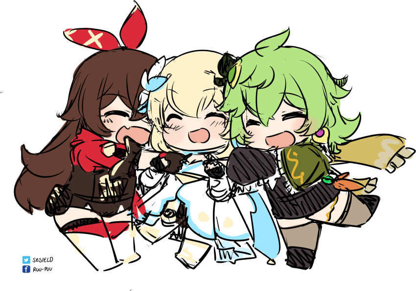 Safebooru - 3girls absurdres amber (genshin impact) bangs black hair blonde hair closed eyes ...