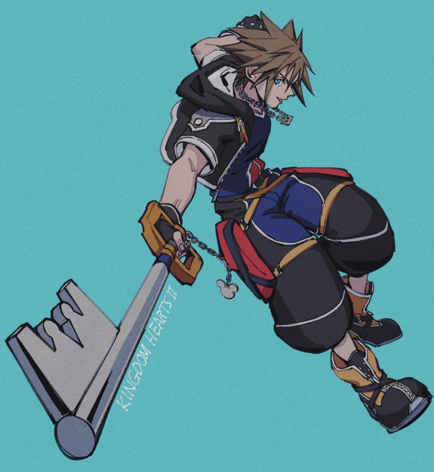 Safebooru - 1boy aqua background black gloves black jacket black shorts blue eyes blue shirt ...