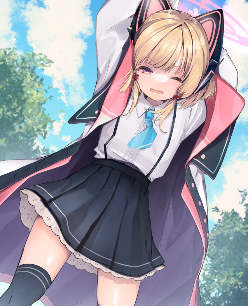 Safebooru - 1girl animal ears arm behind head arms up black skirt black thighhighs blonde hair ...