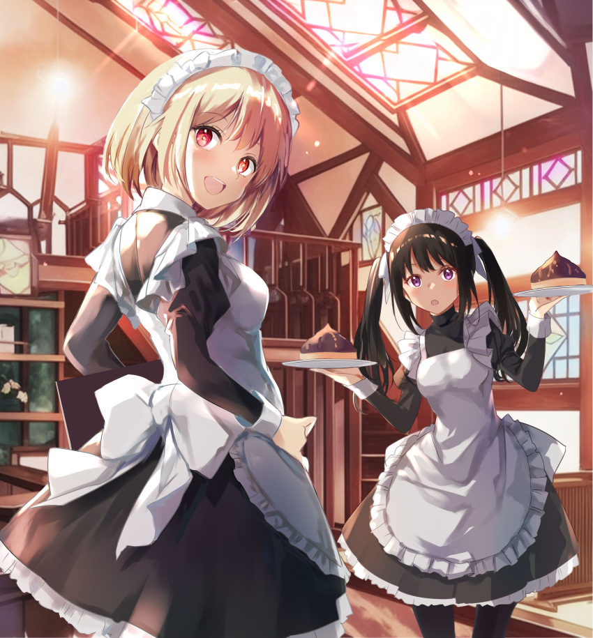 Safebooru - 2girls absurdres alternate costume alternate hairstyle apron black hair blonde hair ...