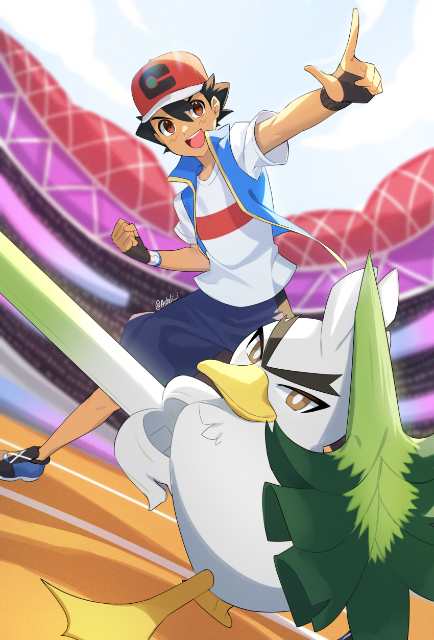 Safebooru - 1boy :d ash ketchum asteli bangs black hair blue jacket ...