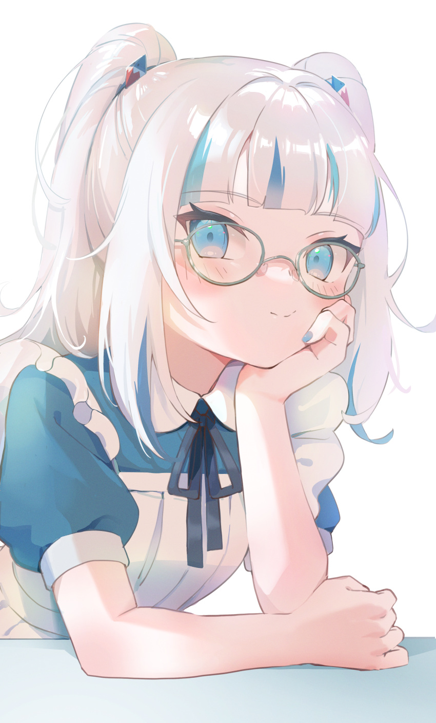 Safebooru - 1girl absurdres apron bangs blue eyes blue hair blue nails blue shirt blunt bangs ...