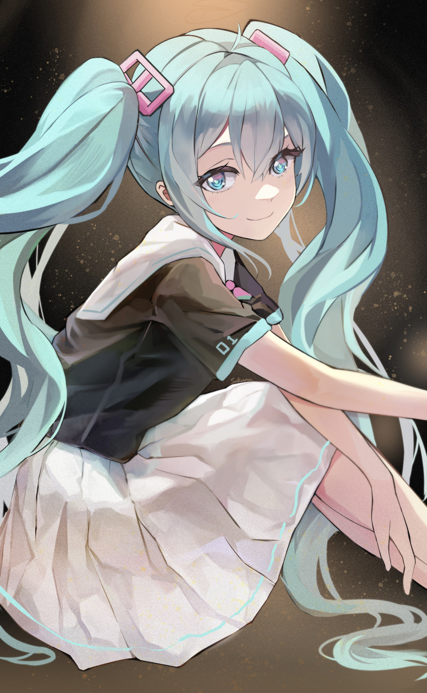 Safebooru - 1girl absurdres bangs black shirt blue eyes blue hair closed mouth from side hair ...