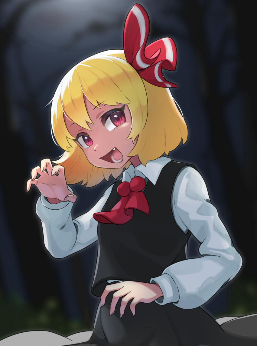 Safebooru - 1girl :d absurdres ascot black skirt black vest blonde hair fang hair ribbon highres ...