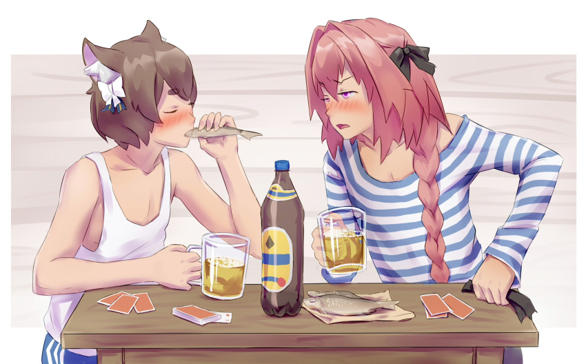 Safebooru - 2boys alcohol alternate costume animal ear fluff animal ears astolfo (fate) beer ...