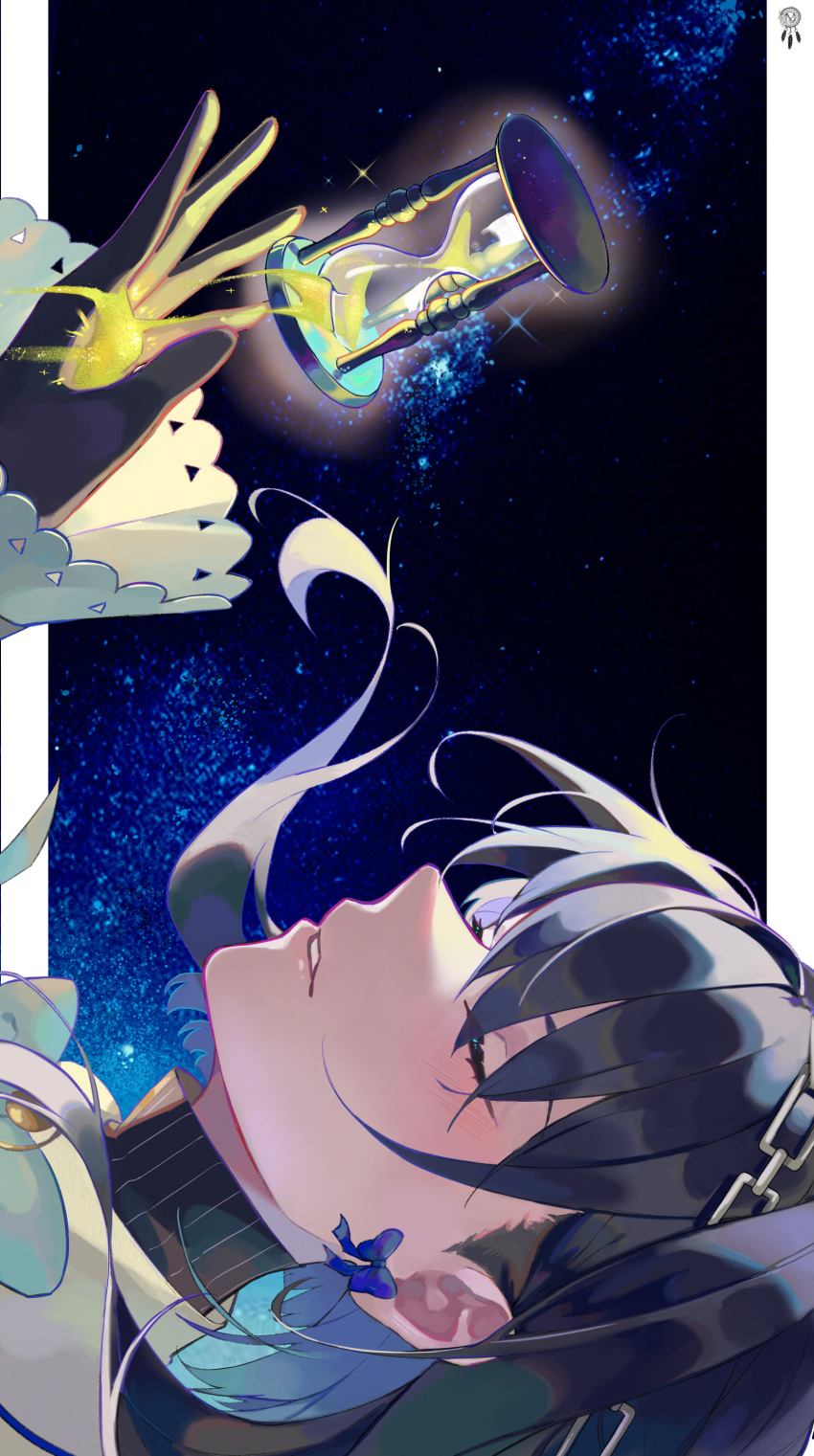 Safebooru - 1girl absurdres black gloves black hair blush bow bow earrings chain closed eyes ...