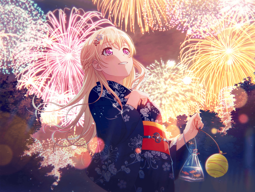 Safebooru - bang dream! blonde hair kimono long hair official art pink eyes shirasagi chisato ...