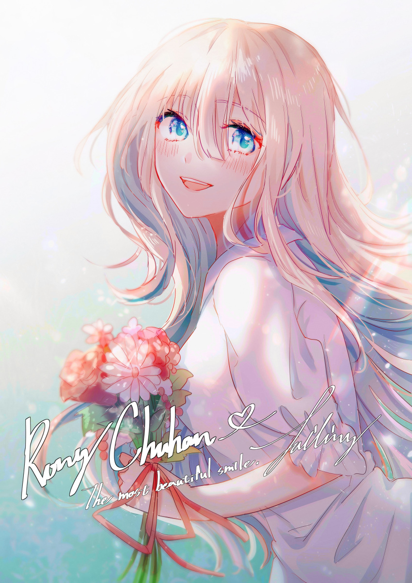 Safebooru - 1girl :d absurdres bangs blonde hair blue eyes blush bouquet dress floating hair ...