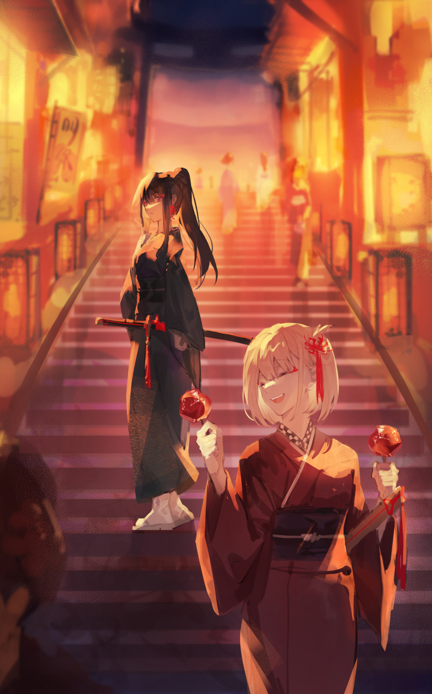 Safebooru - 2girls :d absurdres alternate costume black hair black kimono blonde hair candy ...