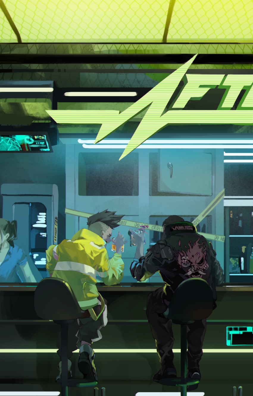 Safebooru - 1girl 2boys alcohol back bar chair closed eyes counter cup ...