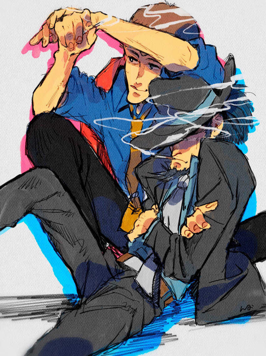 Safebooru - 2boys arm hair arsene lupin iii black hair black jacket black pants black vest blue ...