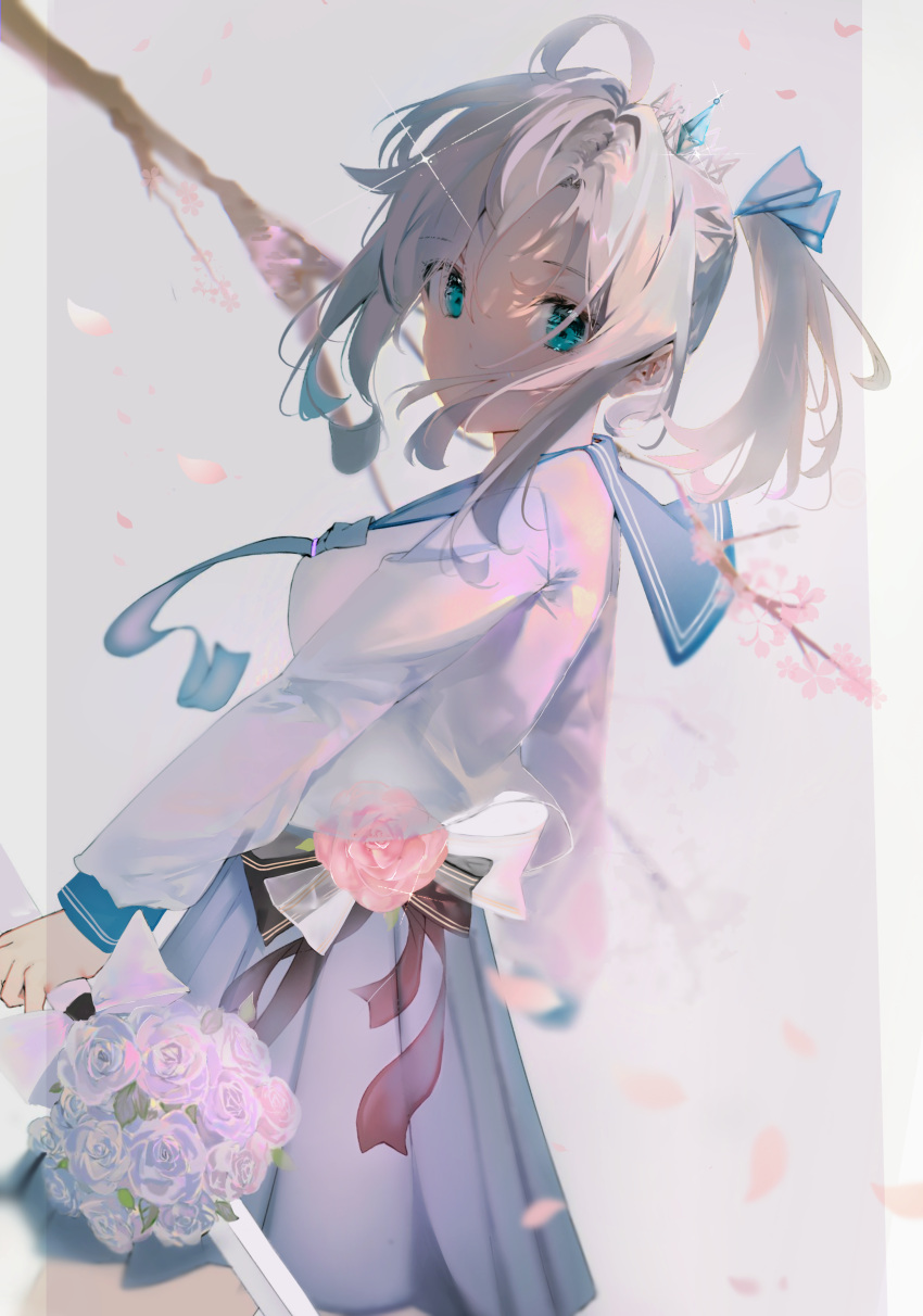 Safebooru - 1girl absurdres ahoge aqua eyes asymmetrical bangs bangs blue sailor collar blue ...