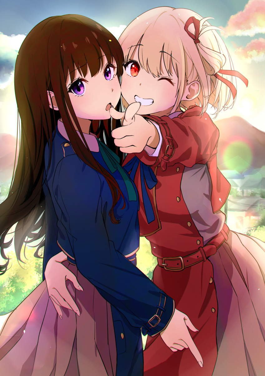 Safebooru - 2girls absurdres bangs belt black hair blonde hair blue belt blue dress blue ribbon ...