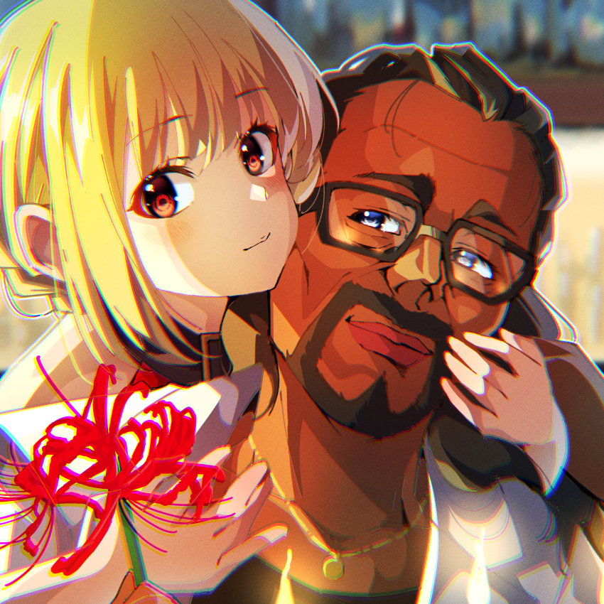 Safebooru - 1boy 1girl absurdres bangs beard black-framed eyewear blonde hair blue eyes blurry ...