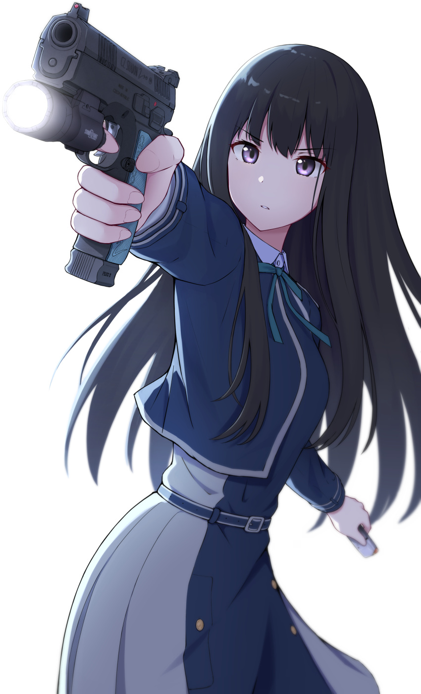 Safebooru - 1girl absurdres black hair commentary cowboy shot gun handgun highres holding ...