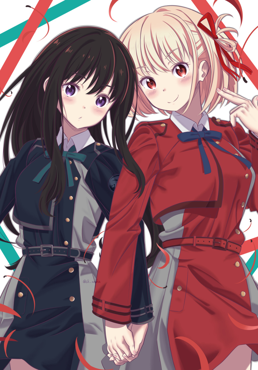 Safebooru - 2girls absurdres black hair blonde hair blue ribbon blush closed mouth collared ...