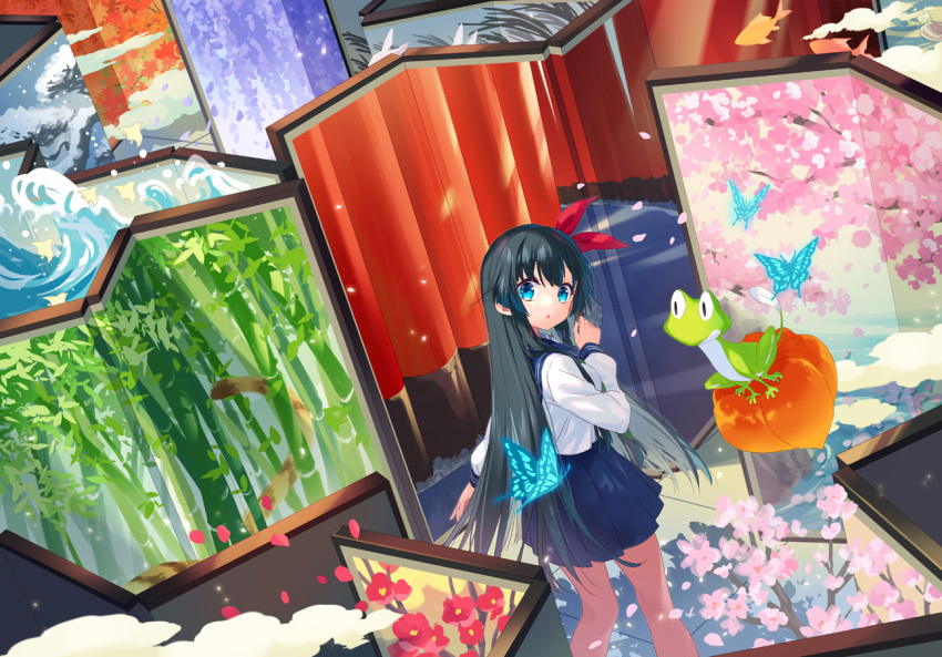 Safebooru - 1girl black hair blue butterfly blue eyes blue skirt bow bug butterfly folding ...