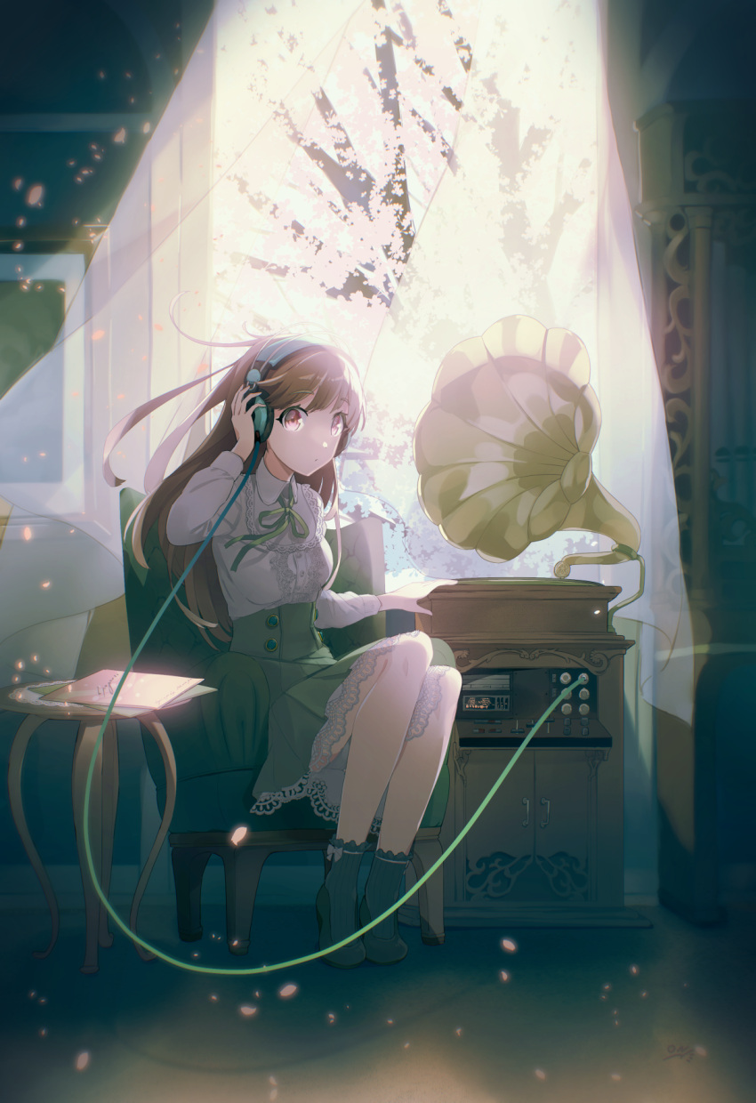 Safebooru - 1girl black socks brown eyes brown hair curtains day full body green ribbon green ...