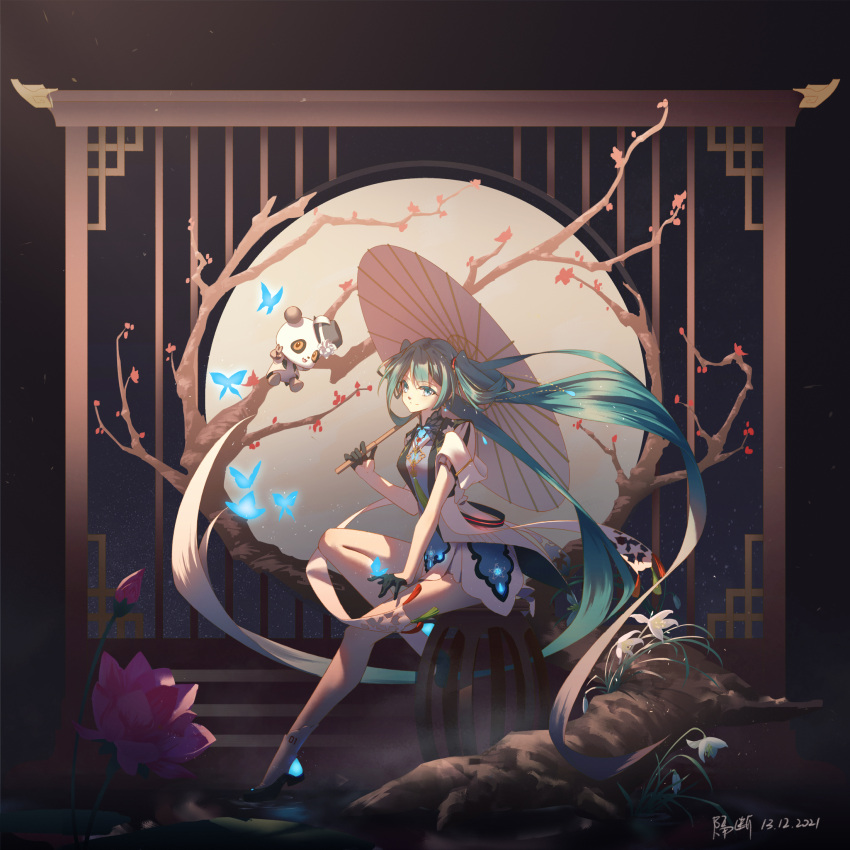 Safebooru - 1girl aqua hair black gloves blue butterfly blue eyes bug butterfly cage dated ...