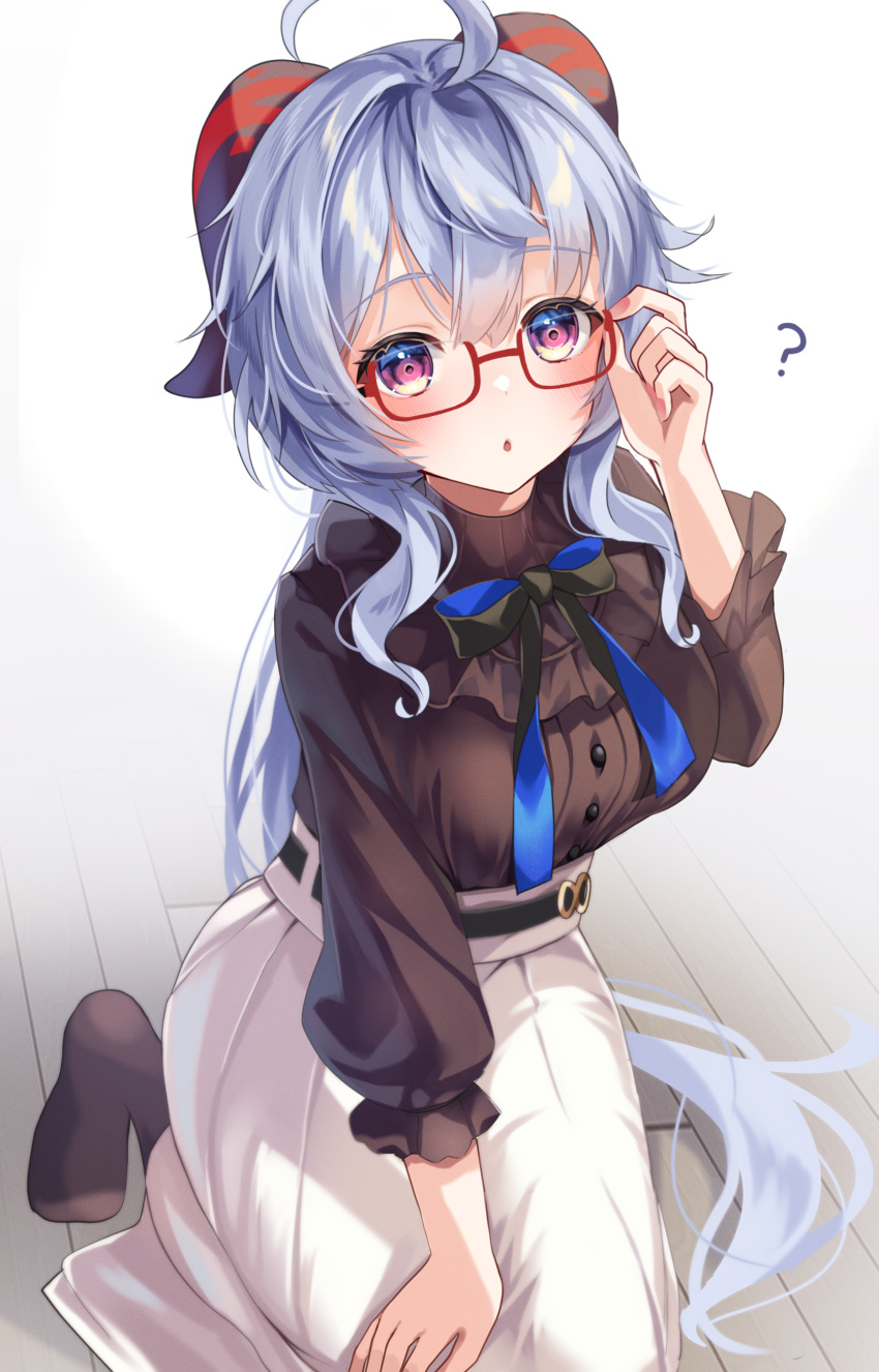Safebooru - 1girl :o ? absurdres adjusting eyewear bangs belt black ...