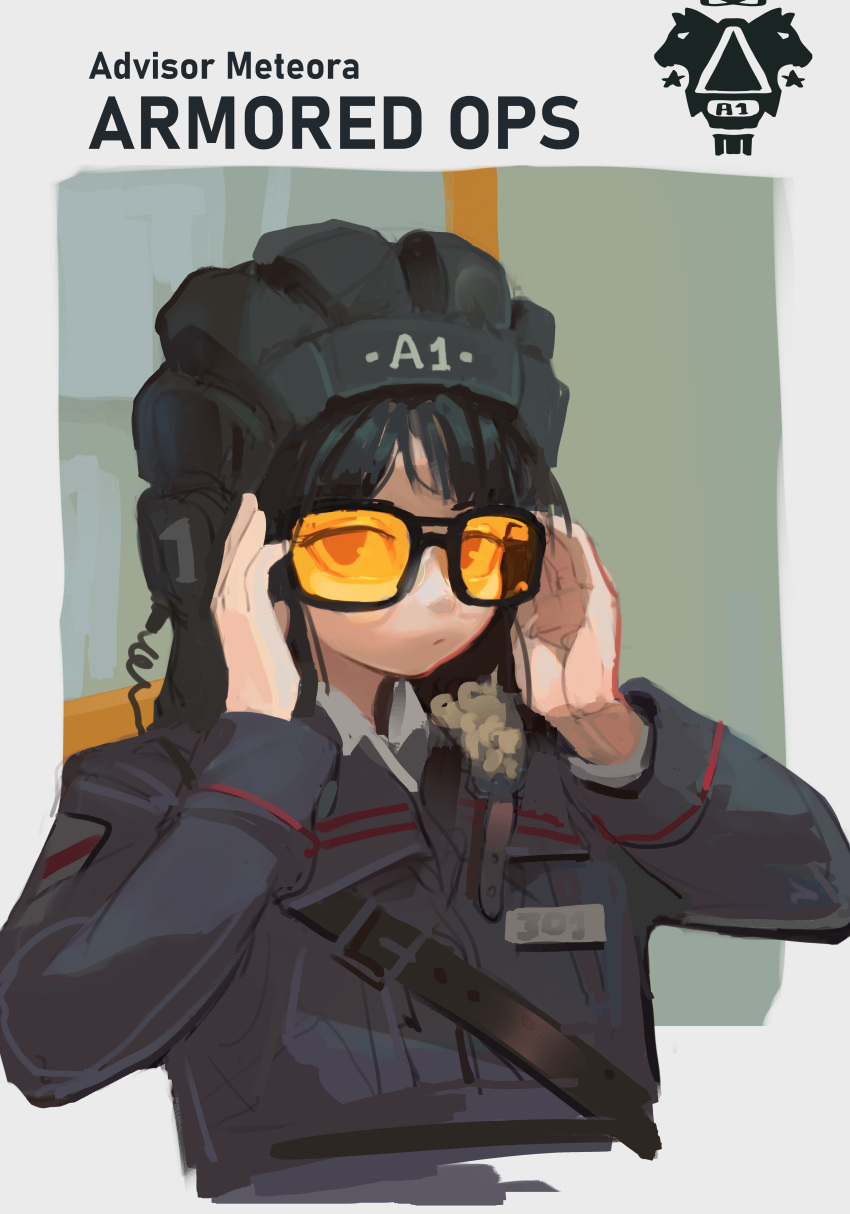 Safebooru - 1girl absurdres adjusting eyewear black-framed eyewear black hair chest belt closed ...