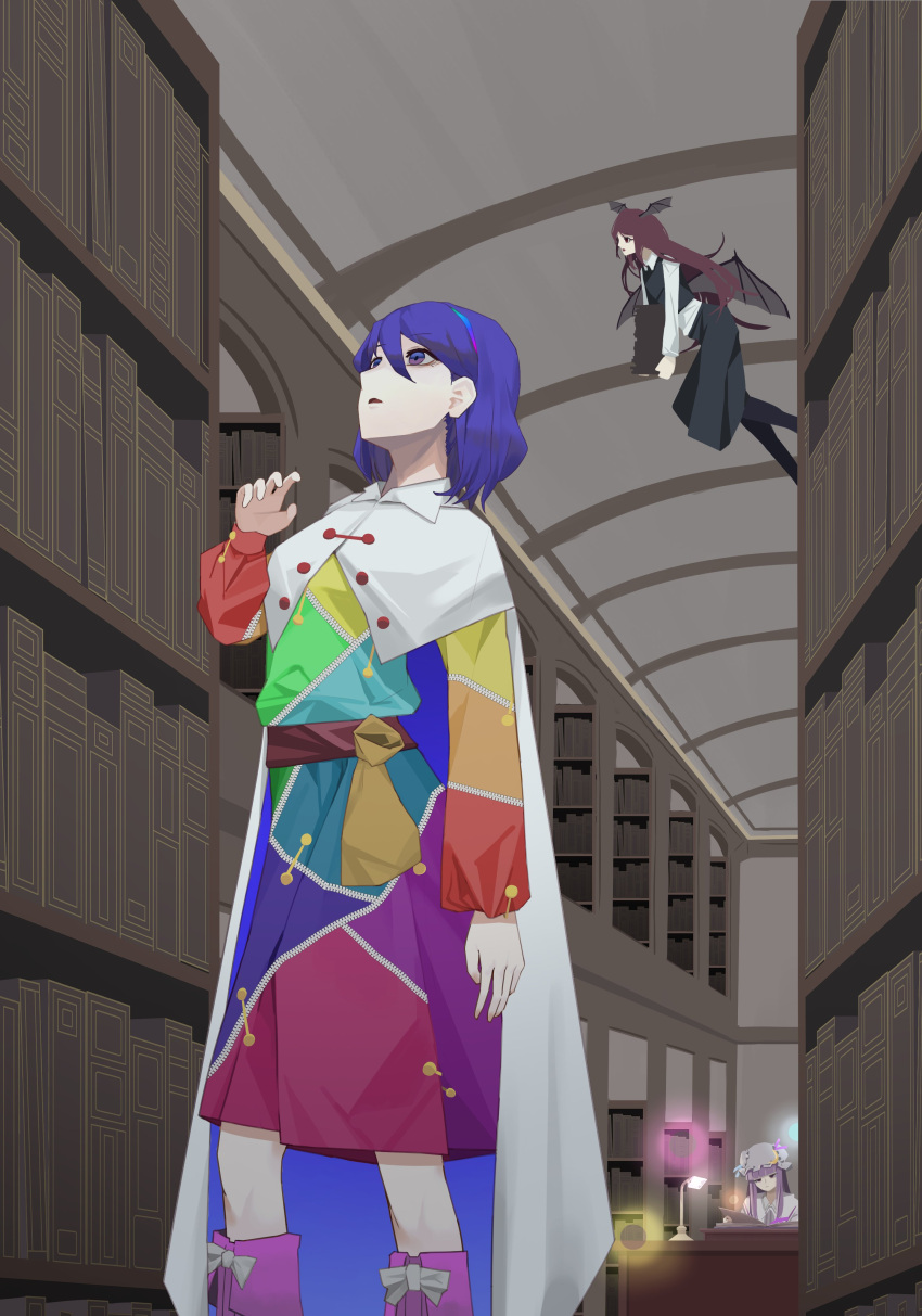 Safebooru 3girls Absurdres Blue Hair Book Bookshelf Boots Cape 3280
