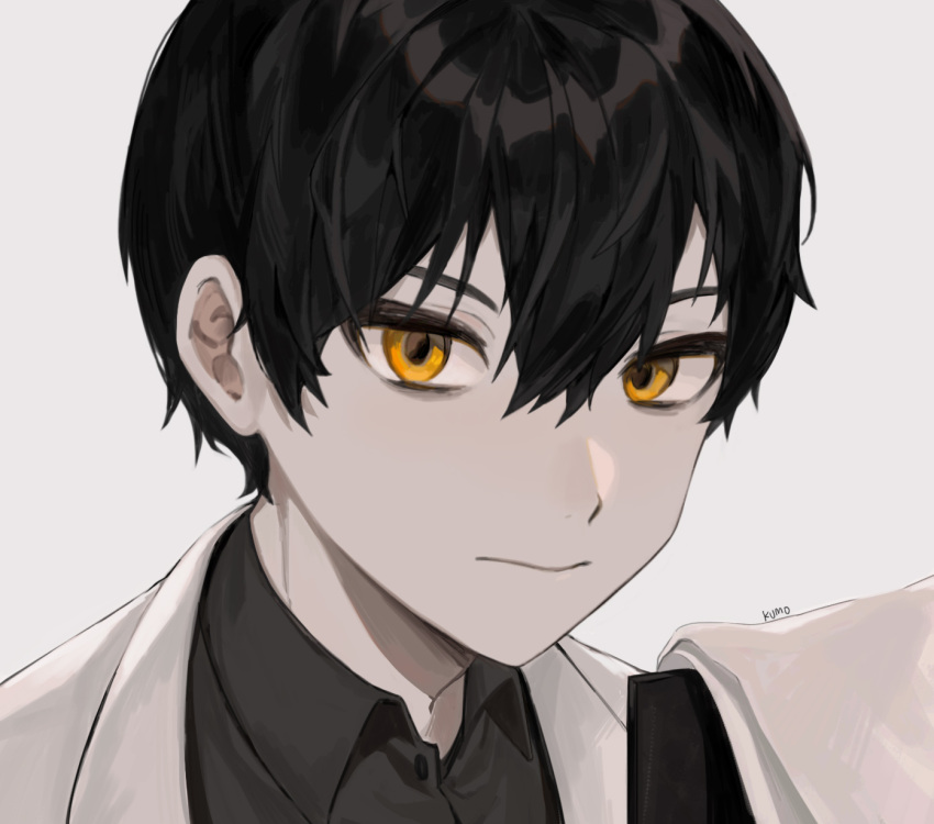 Safebooru - 1boy ayin (project moon) bangs black hair black shirt closed mouth collared shirt ...