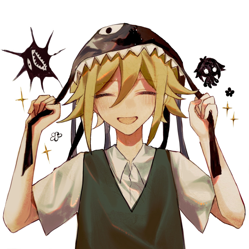 Safebooru - 1boy arms up basil (omori) blonde hair blush closed eyes ...