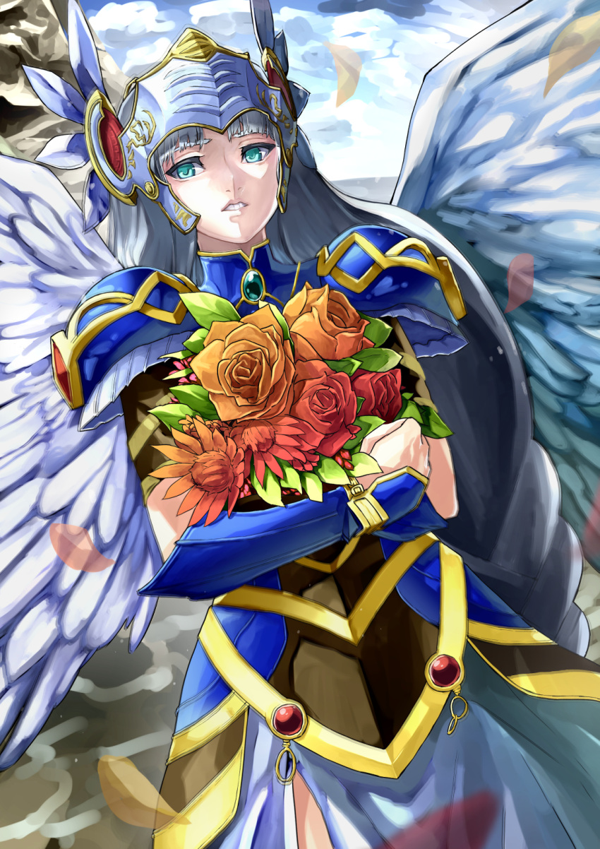 Safebooru - 1girl armor armored dress blue armor feathered wings flower ganemu (0912015 ...