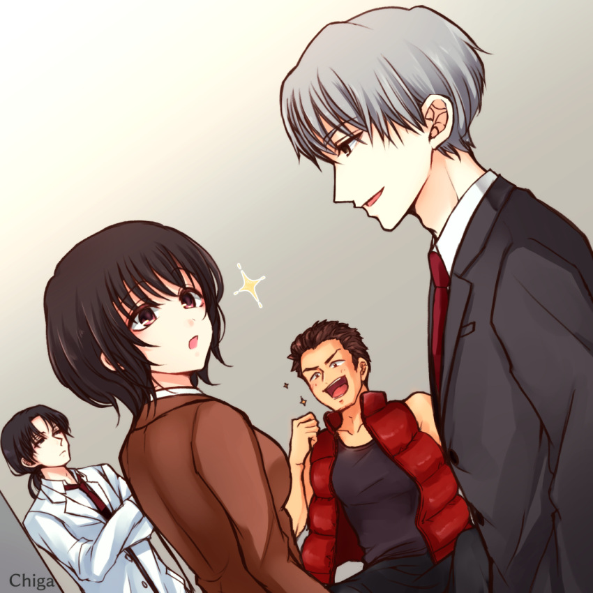 Safebooru - 1girl 3boys bare shoulders black hair brown hair chi119 coat crossed arms formal ...