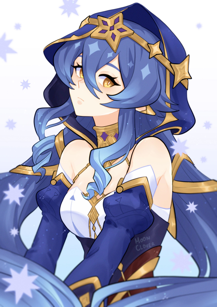 Safebooru - 1girl absurdres bangs bare shoulders black gloves blue hair blue hood bright pupils ...