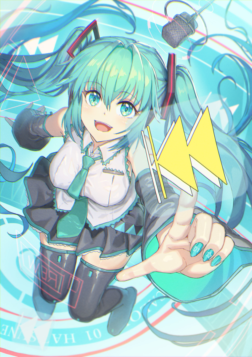 Safebooru - 1girl aqua eyes aqua hair aqua nails aqua necktie black footwear black skirt black ...