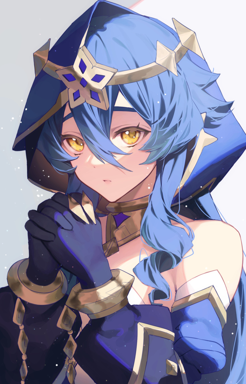 Safebooru - 1girl bare shoulders black gloves blue hair blue hood bright pupils claw ring closed ...