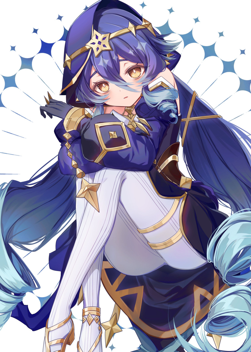 Safebooru - 1girl absurdres bare shoulders blue hair blue hood bright pupils claw ring detached ...