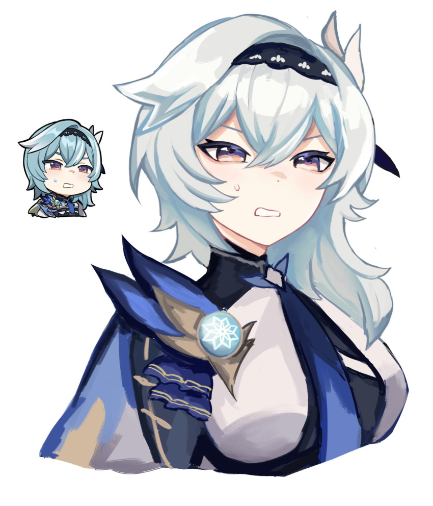 Safebooru - 1girl bangs blue hair blue necktie clenched teeth eula ...