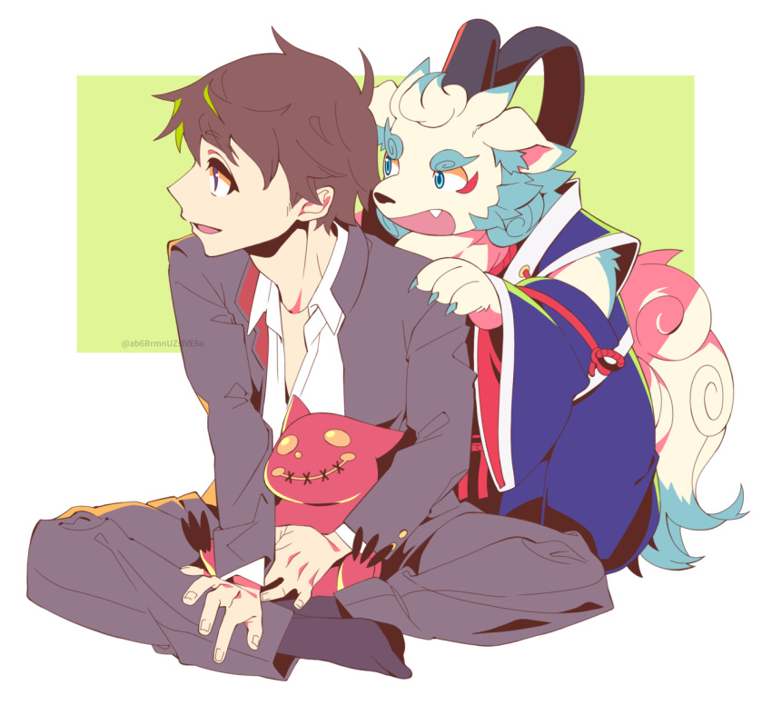 Safebooru - 2boys agyo (housamo) animal ears aqua fur bangs black socks ...