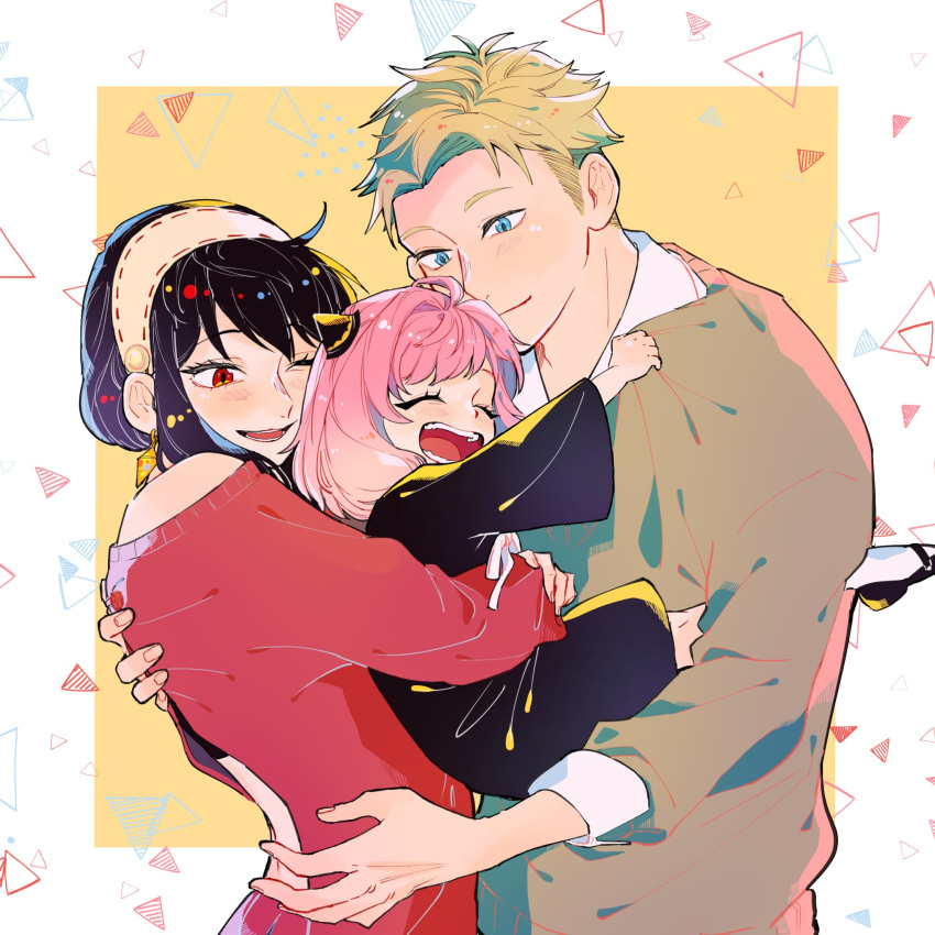 Safebooru - 1boy 2girls ;d anya (spy x family) awarinko bangs bare shoulders black dress black ...