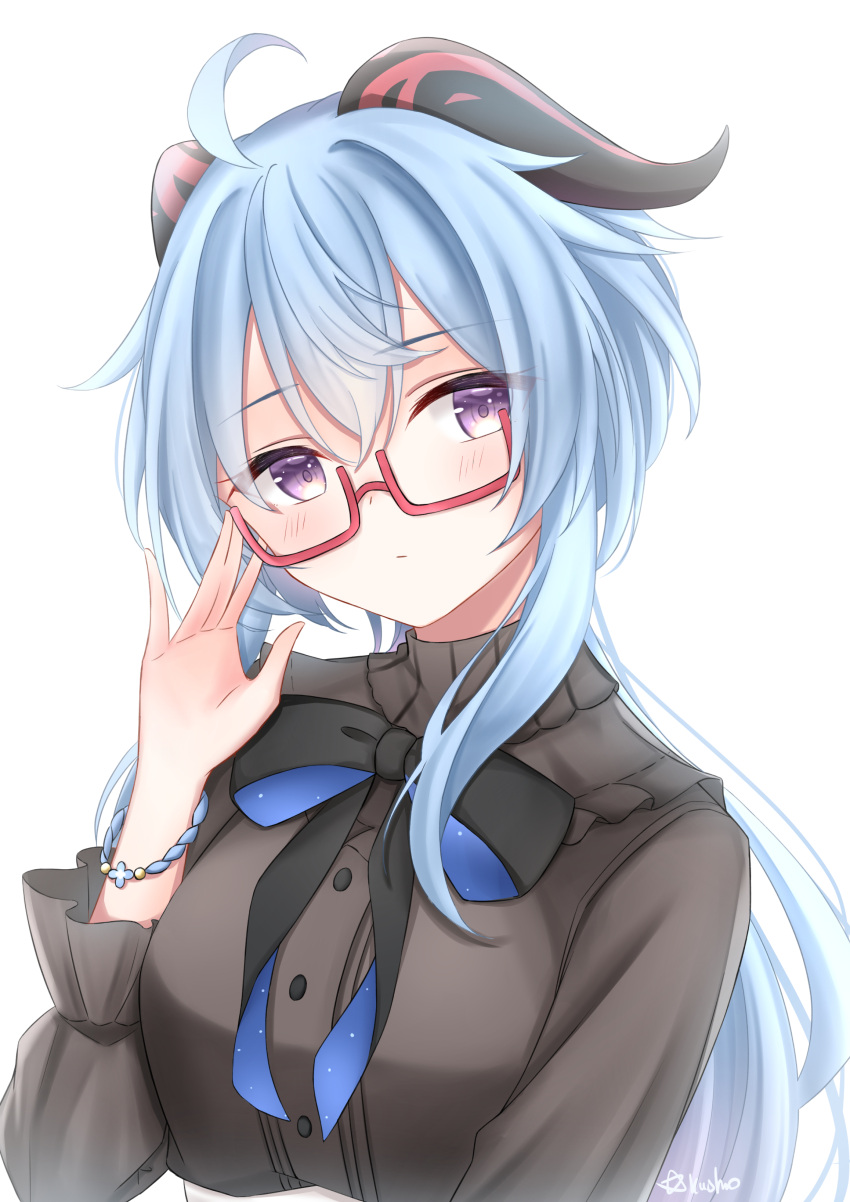 Safebooru - 1girl absurdres adjusting eyewear ahoge alternate costume bespectacled blue hair ...