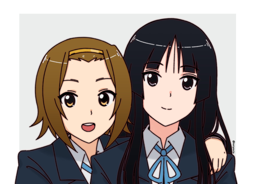 Safebooru - 2girls :d akiyama mio arm around shoulder artist name bangs black eyes black hair ...