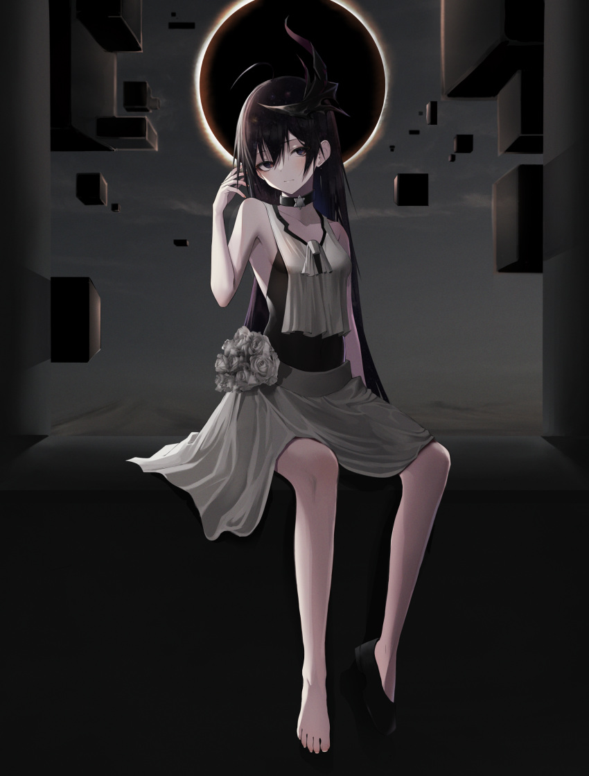 Safebooru - 1girl absurdres arm up bangs bare legs barefoot black eyes black hair breasts dress ...