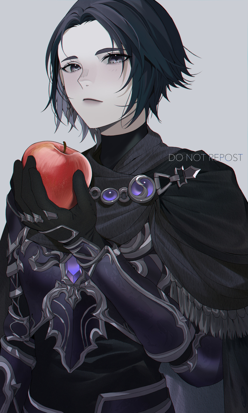 Safebooru - 1girl absurdres apple armor black cape black gloves black hair black jacket cape ...