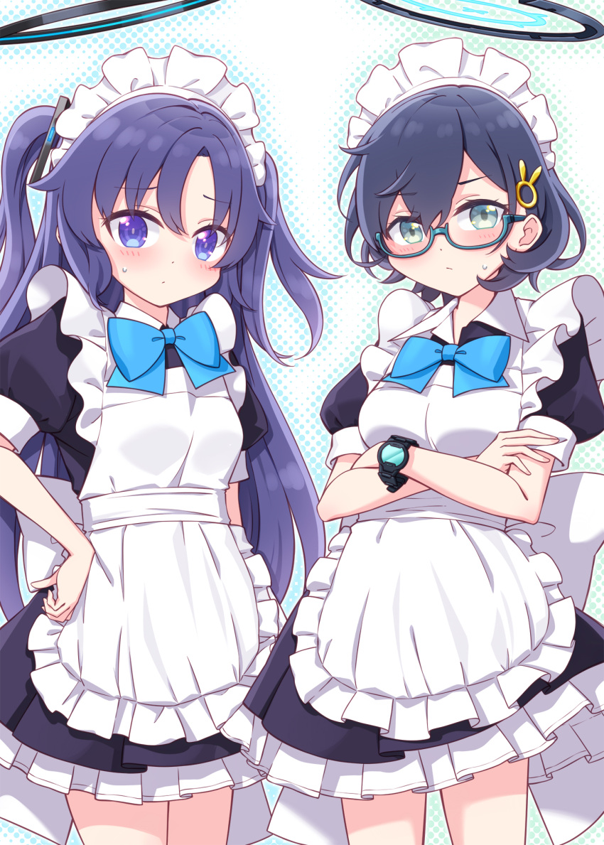 Safebooru - 2girls alternate costume apron bangs black dress black hair blue-framed eyewear blue ...