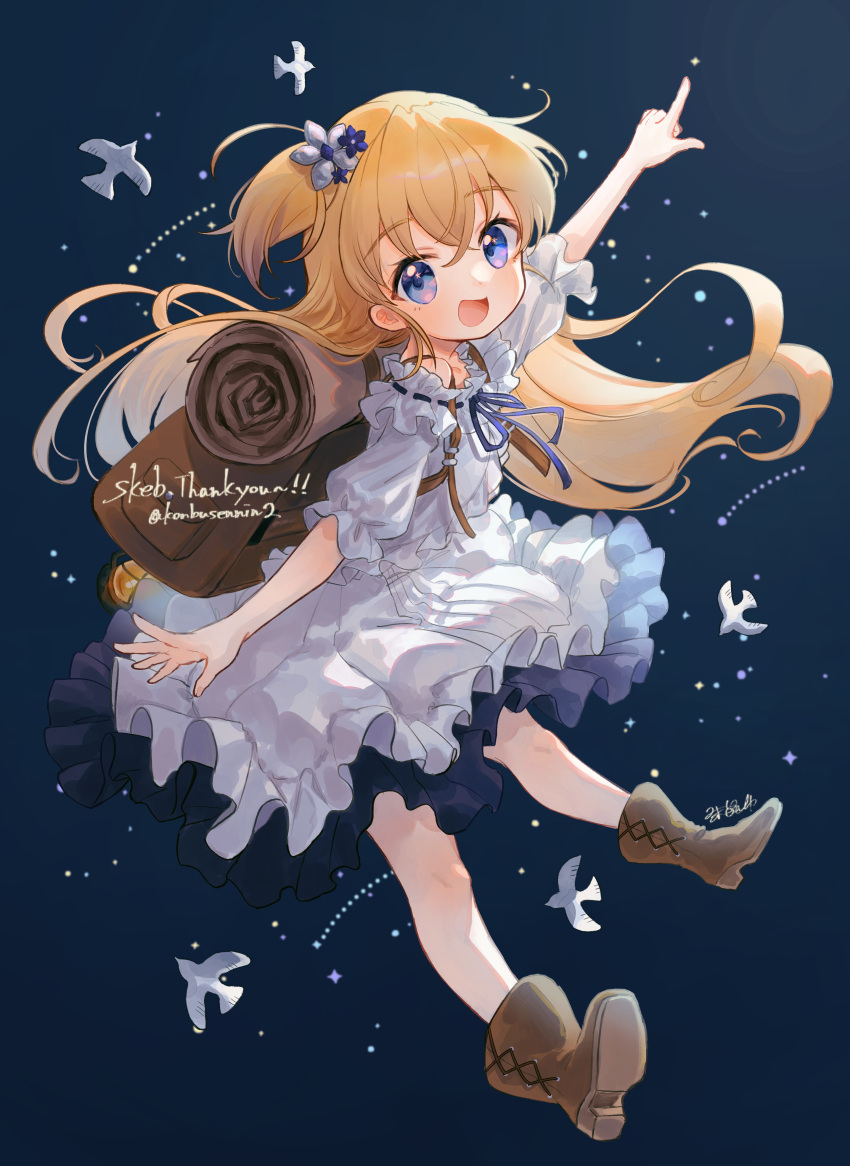 Safebooru - 1girl absurdres animal backpack bag bangs bird black background blue eyes blue ...