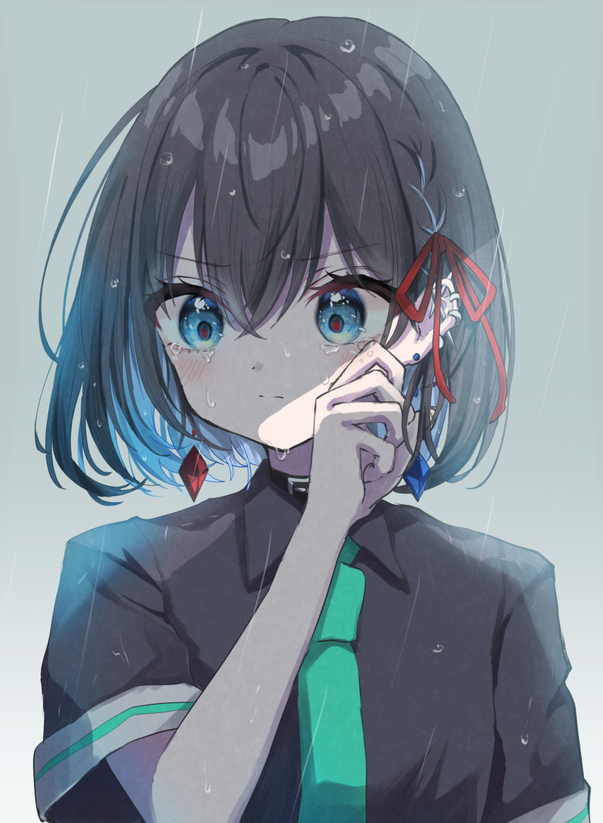 Safebooru - 1girl absurdres black hair black shirt blue eyes closed ...