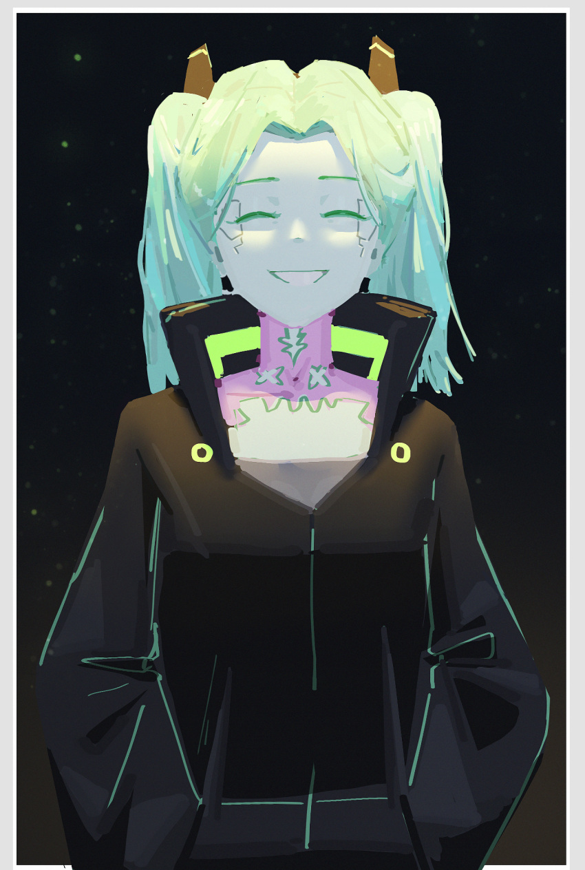 Safebooru - 1girl black jacket border breasts colored skin cyberpunk ...